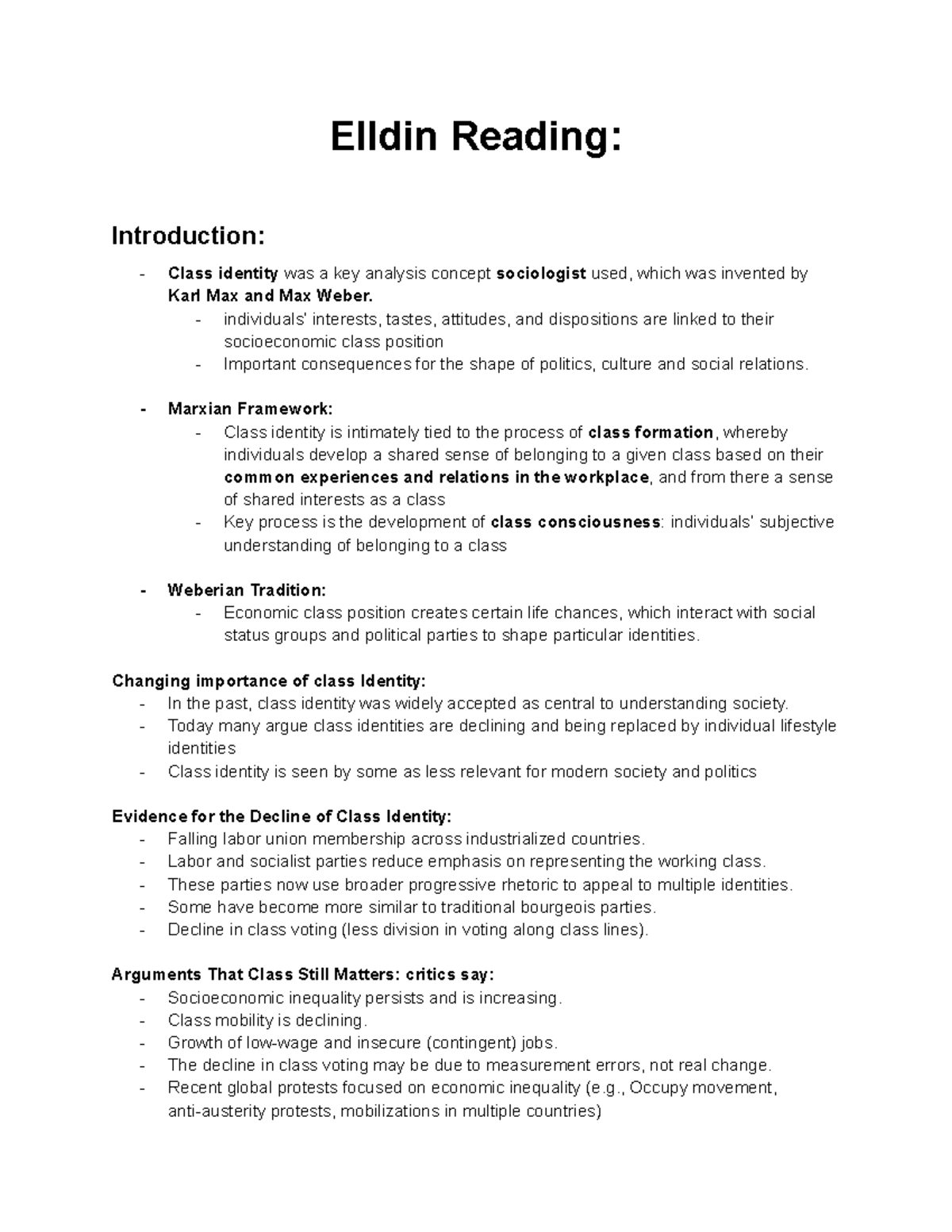 Elldin Notes: Understanding Class Identity in Sociology - Studocu