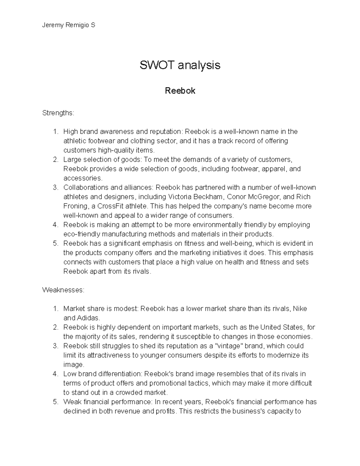 Reebok SWOT Analysis: Strengths, Weaknesses, Opportunities, & Threats ...
