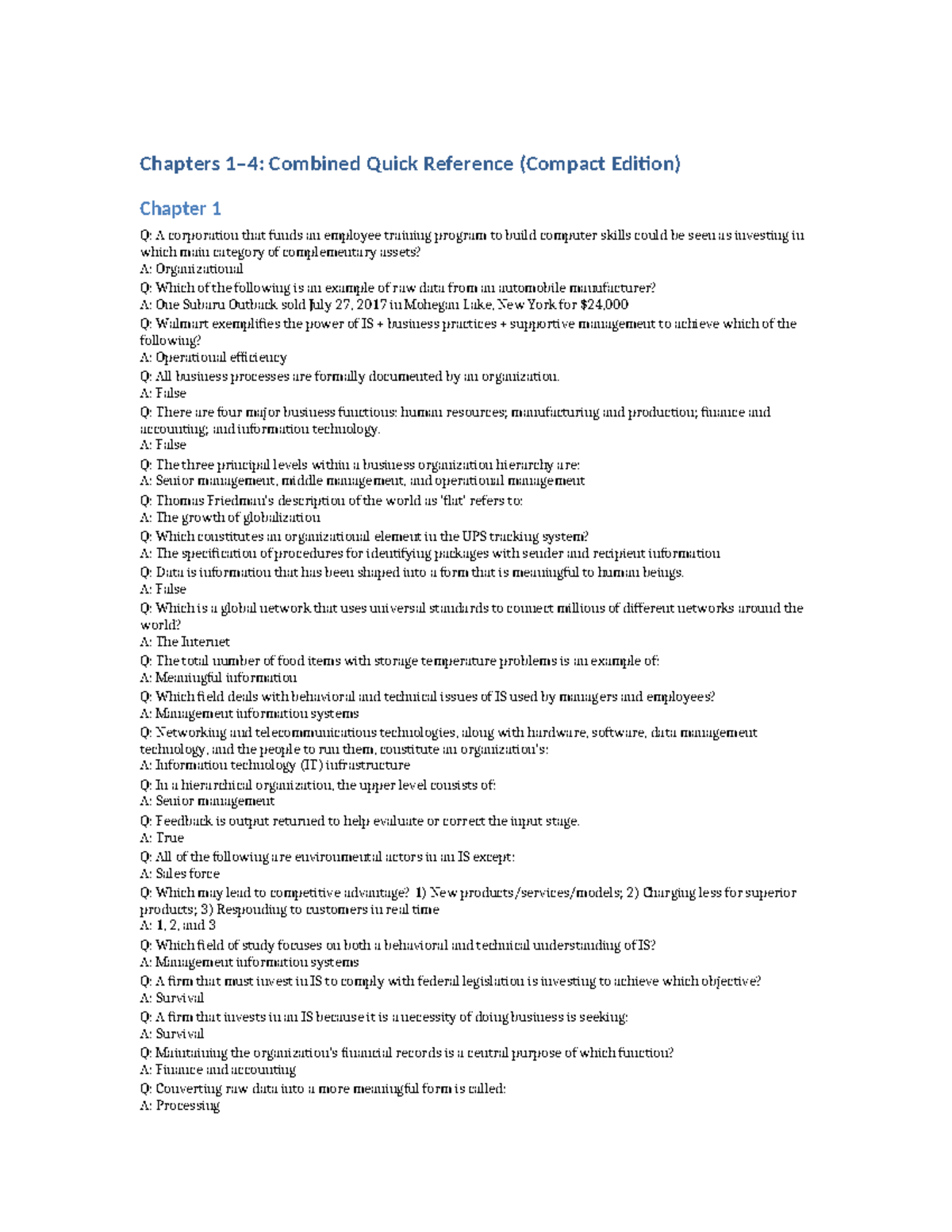 Chapters 1-4 Quick Reference for IS Concepts and Applications - Studocu