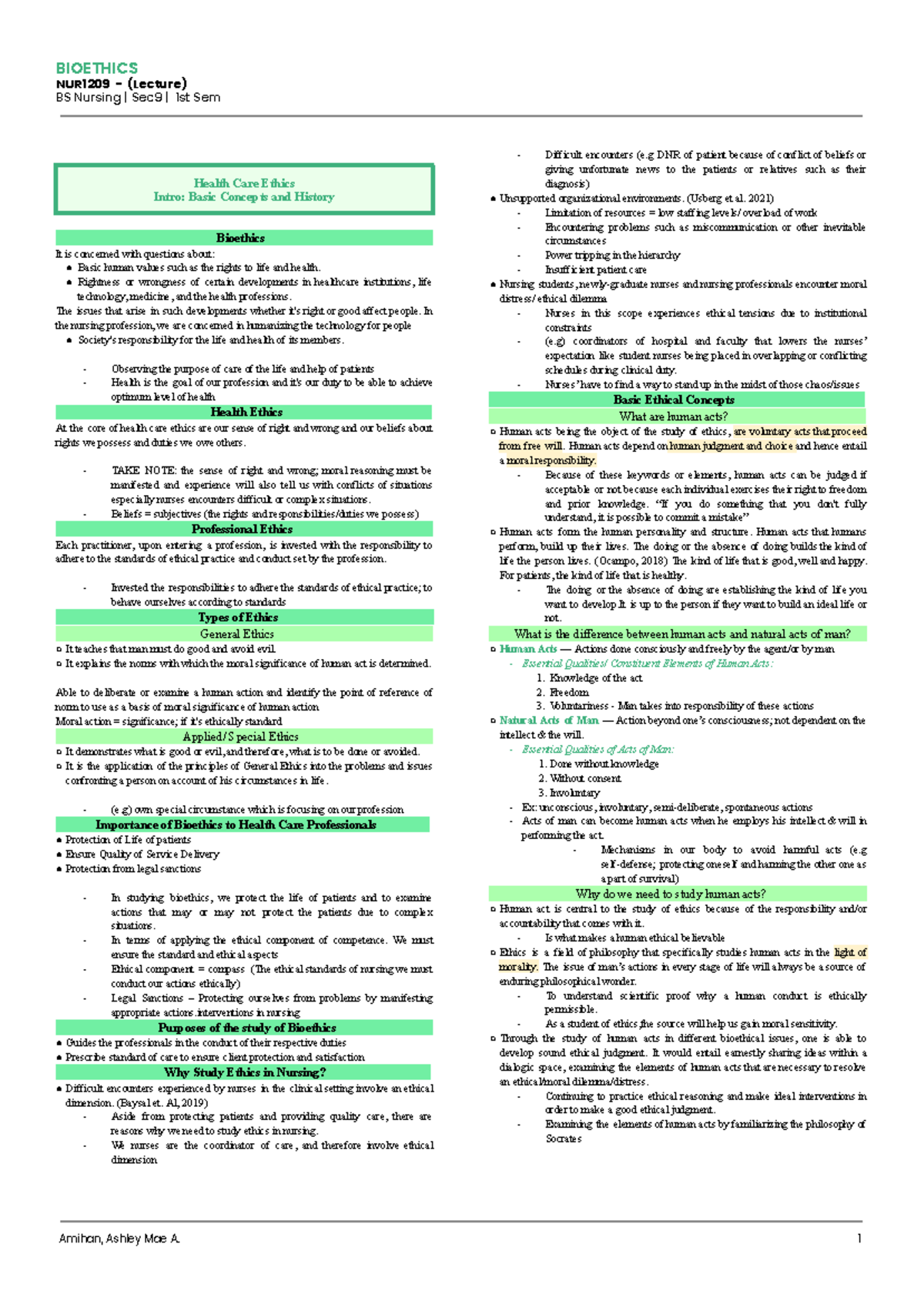 NUR1209 - Bioethics Lecture Notes for 1st Sem Nursing Students - Studocu