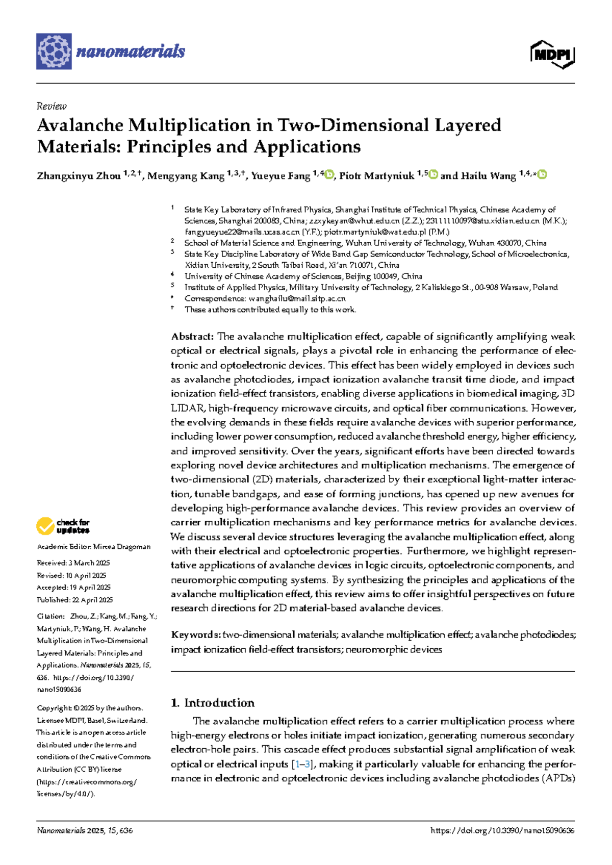 Review of Avalanche Multiplication in Layered Materials: Principles ...