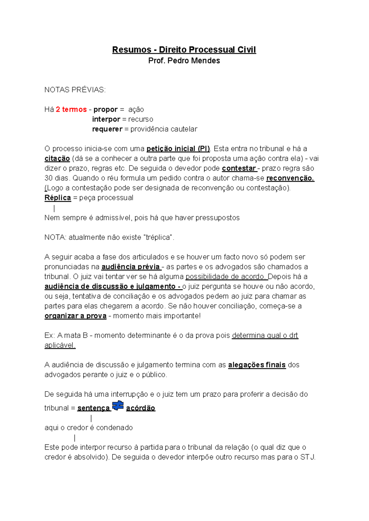 Resumos Direito Processual Civil DPC - Aula de Prof. Pedro Mendes - Studocu