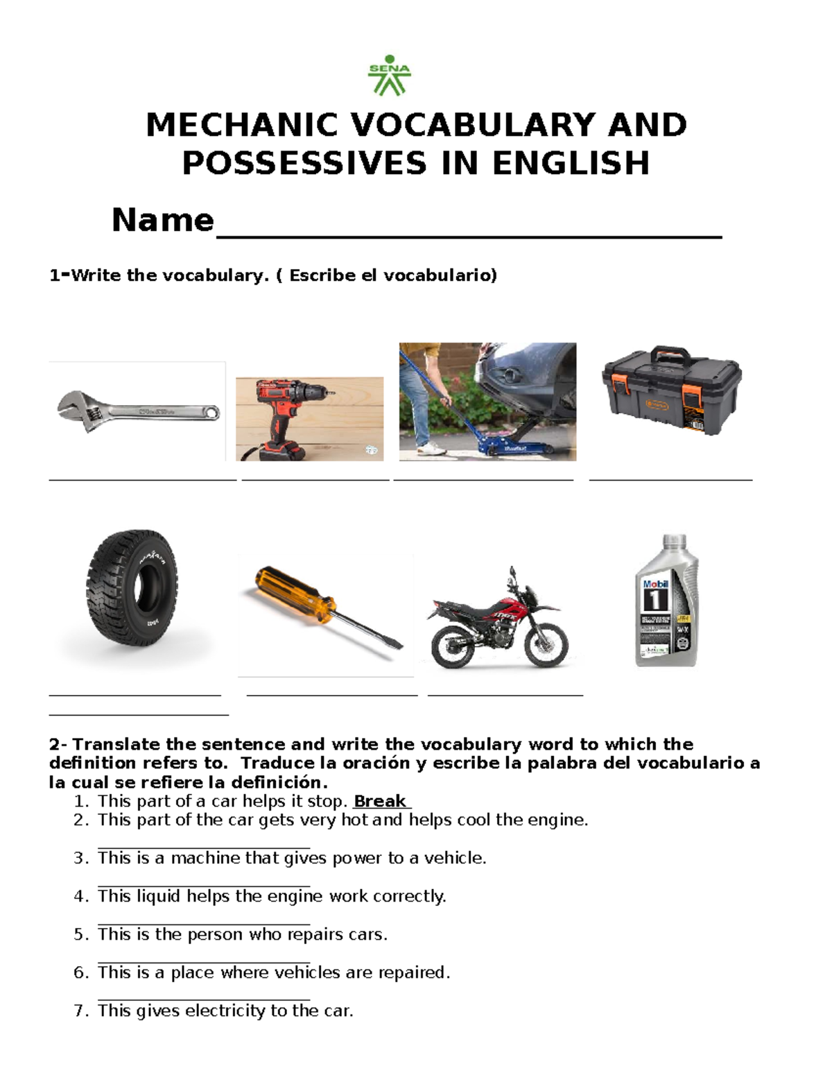MECH 101: Vocabulary on Mechanics & Possessives in English - Studocu