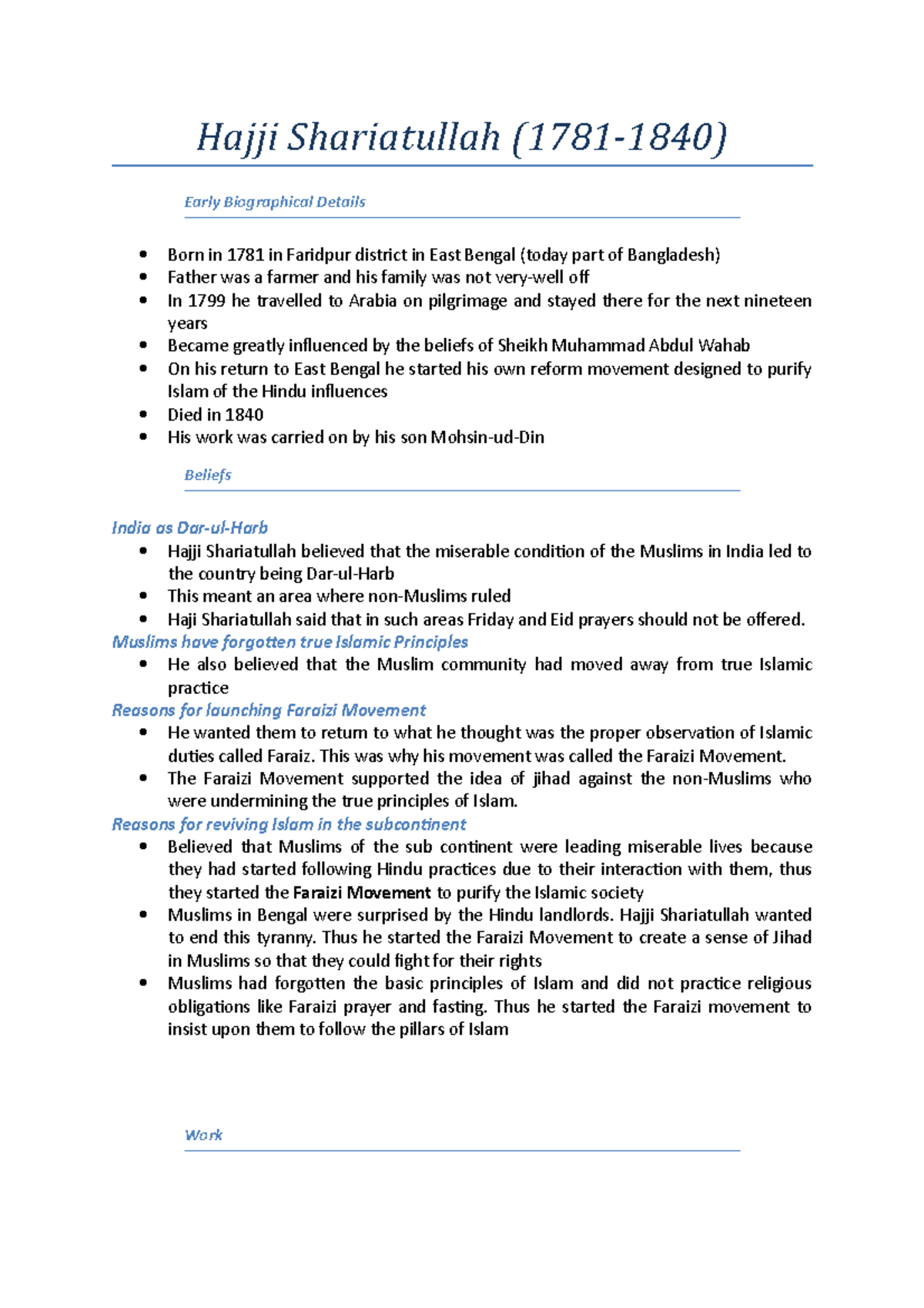 Haji Shariatullah: Faraizi Movement Study Notes (History 101) - Studocu