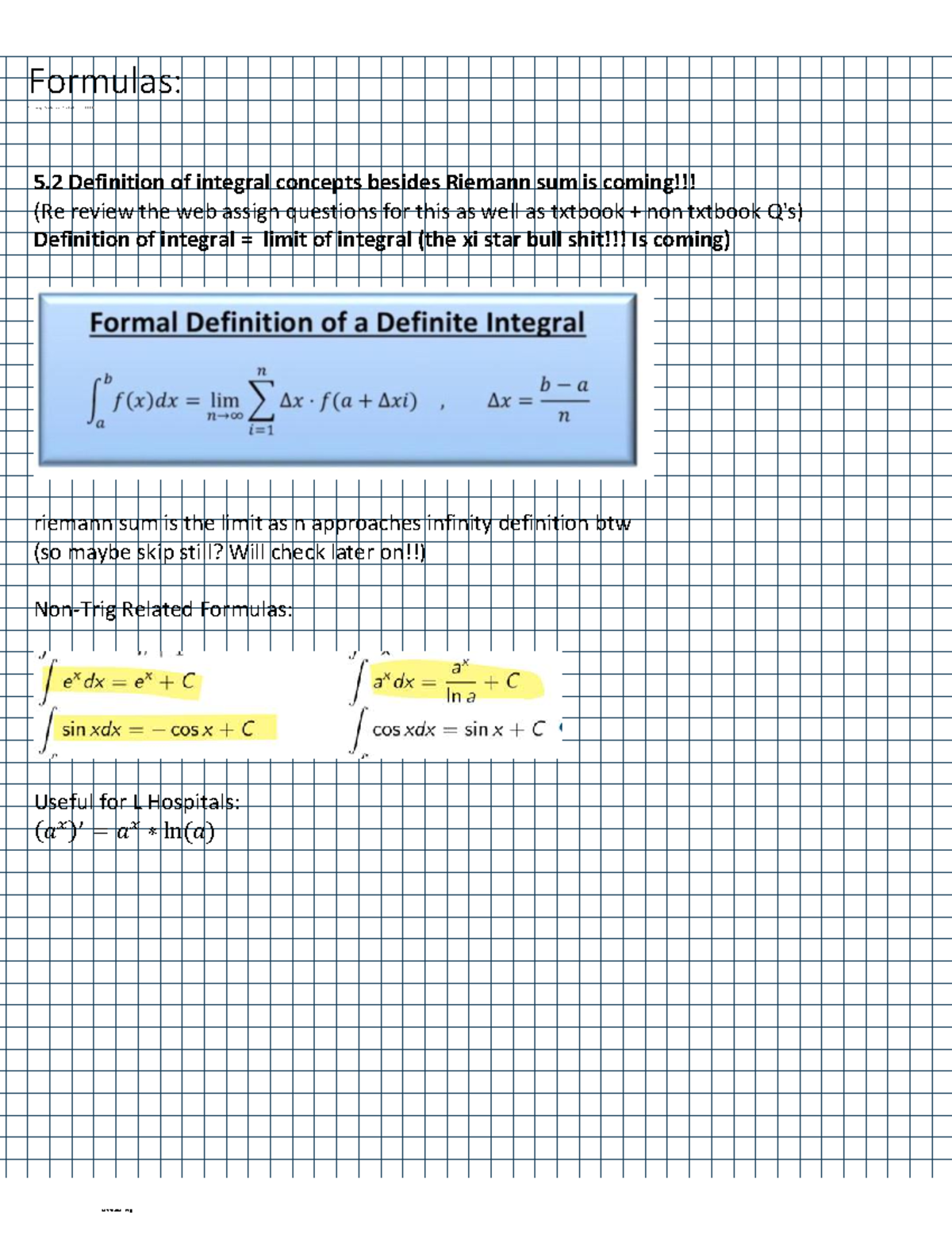 Calculus Formulas: Integral Concepts & Related Topics (Course Code ...