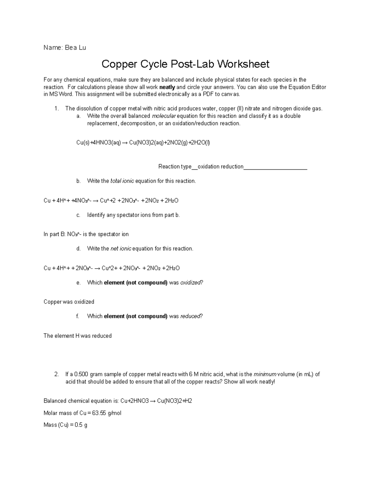 Copper Cycle Post-Lab Worksheet (Chem 101 Lab) - Studocu