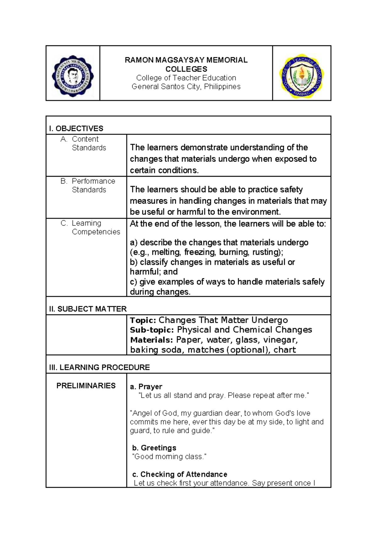 Changes That Matter: Lesson Plan for CTE 4A's Format - Studocu