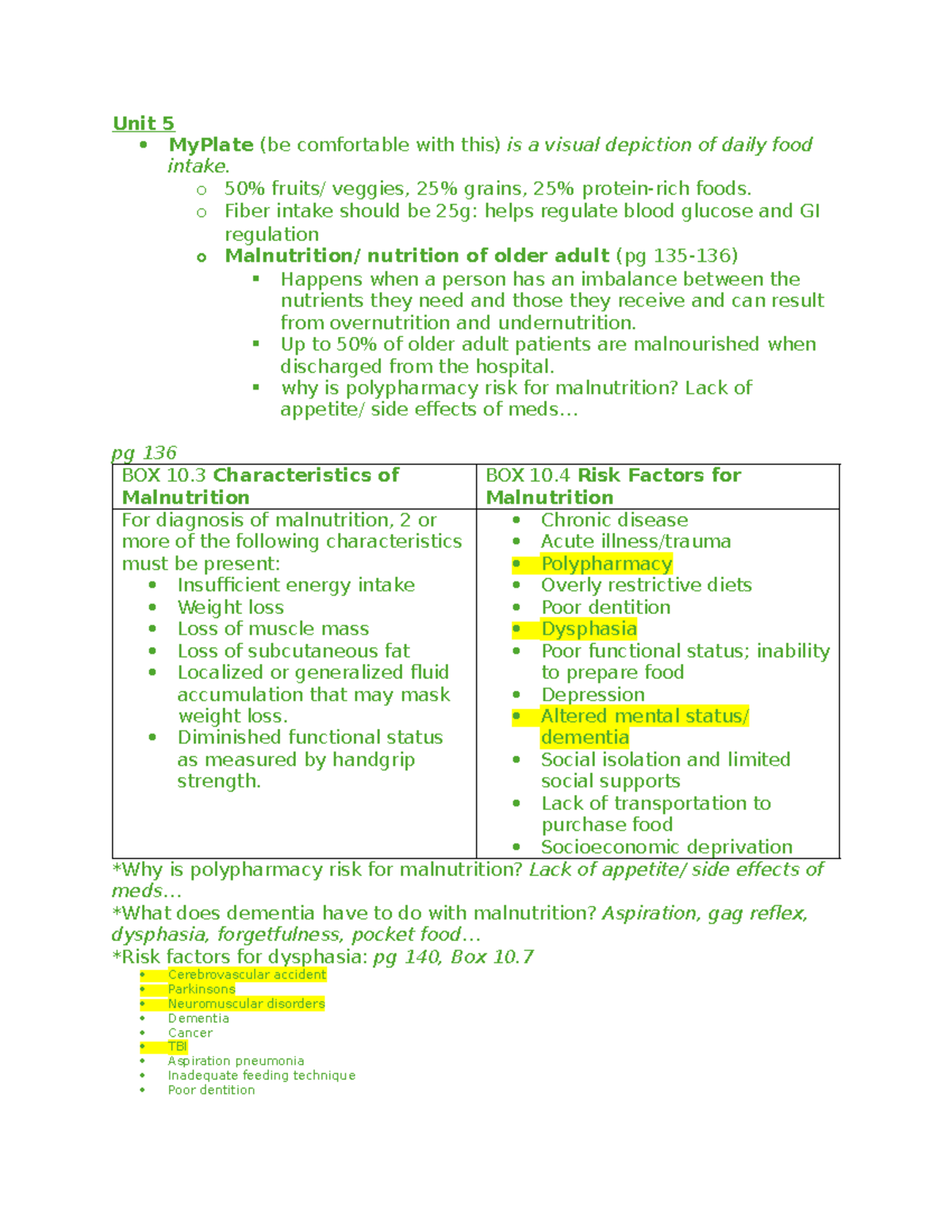 Unit 5 Notes: Malnutrition, Dysphagia, and Nutritional Risks - Studocu