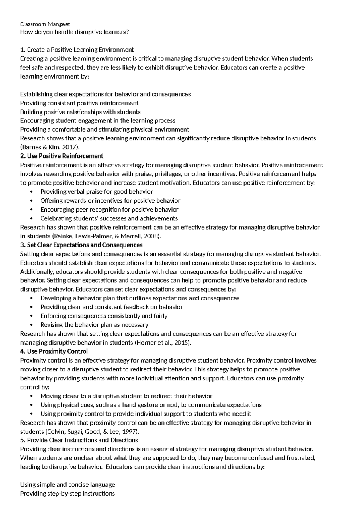 Classroom Management Strategies for Disruptive Learners: A Guide - Studocu