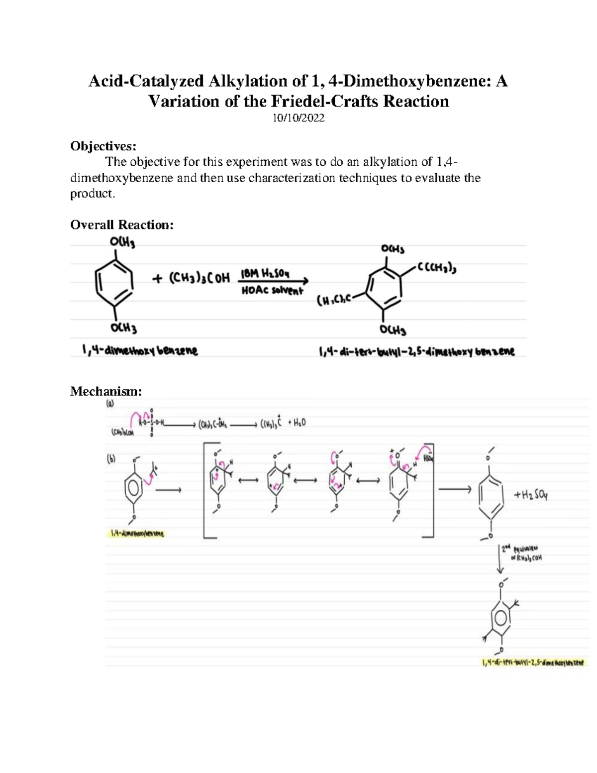 Friedel Crafts Reaction - Acid-Catalyzed Alkylation of 1, 4-Dimethoxybenzene: A Variation of the ...