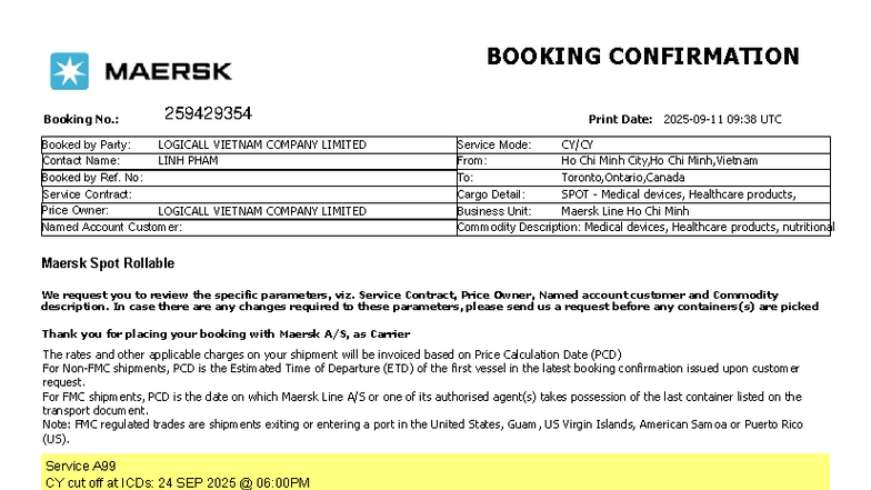 Booking Confirmation for Shipment No. 259429354 - Maersk Line - Studocu