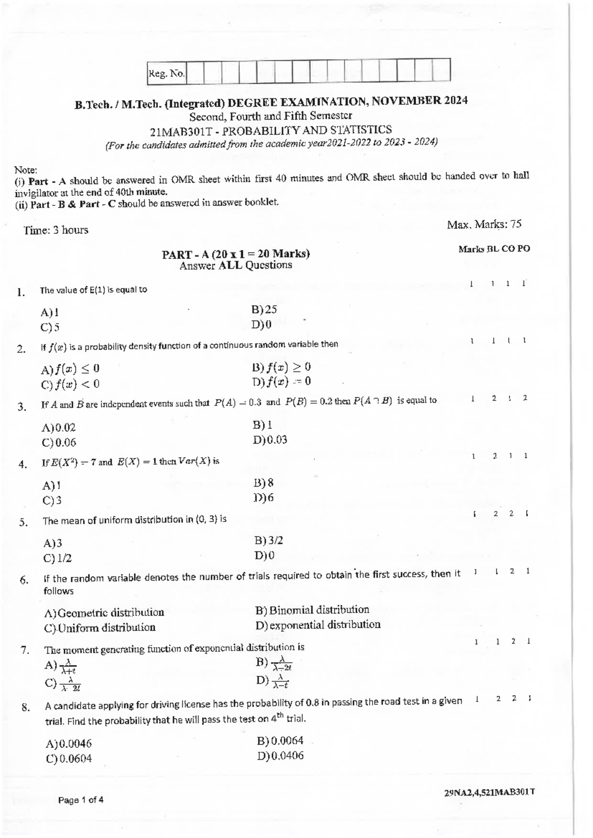 Nov 2024 - 21MAB301T Probability & Statistics Exam Question Paper - Studocu