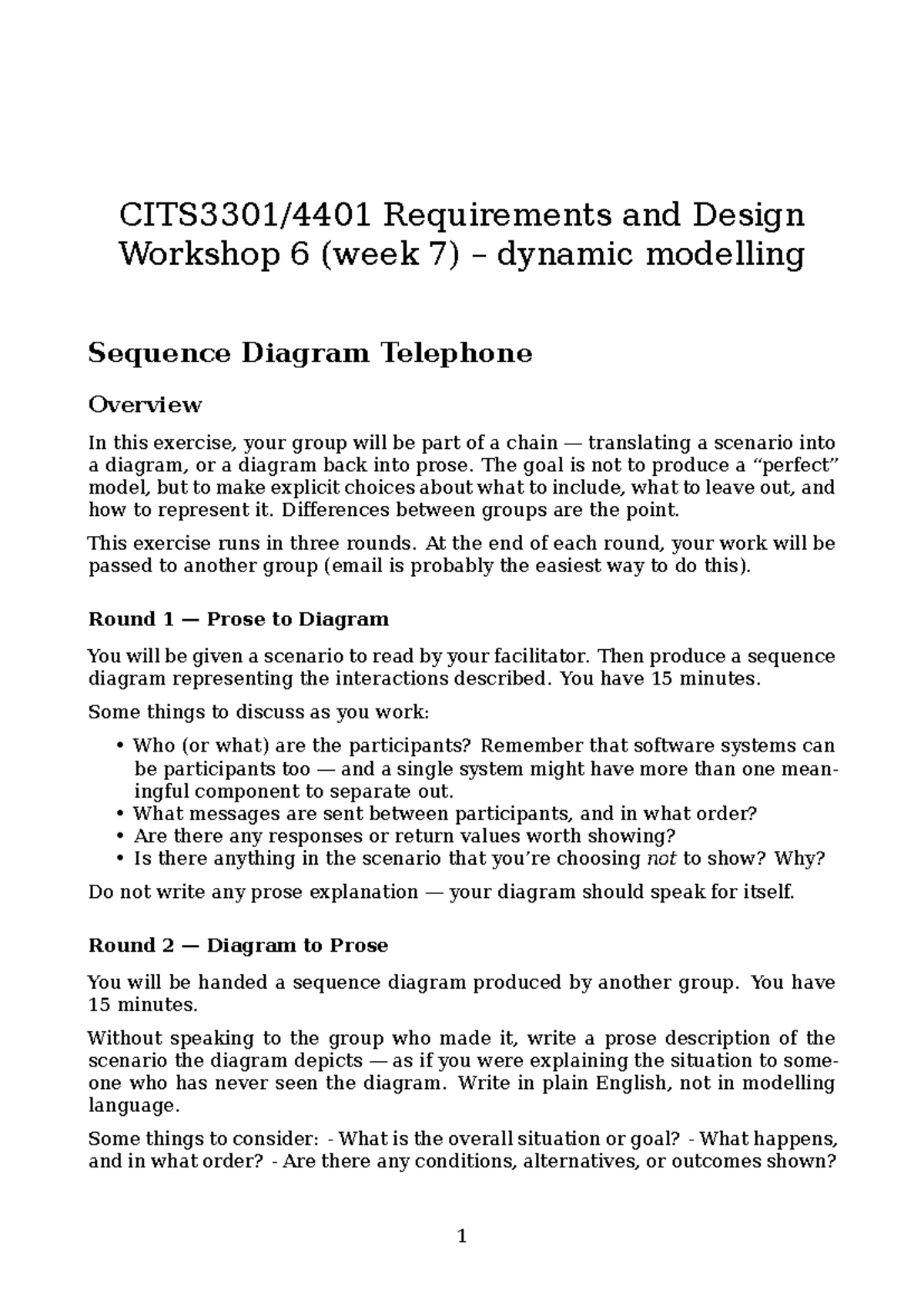Week 07 Workshop 6: Dynamic Modelling Sequence Diagram Notes - Studocu