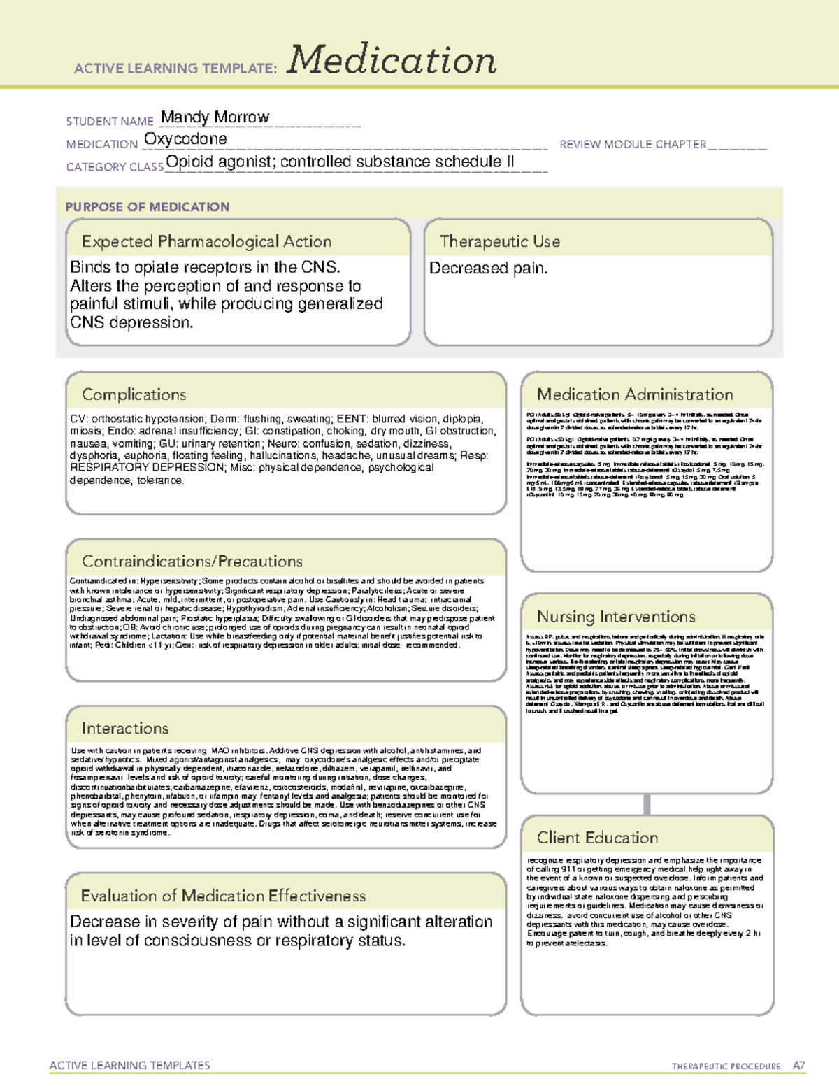 Oxycodone - ATI Active Learning Template Notes - Studocu