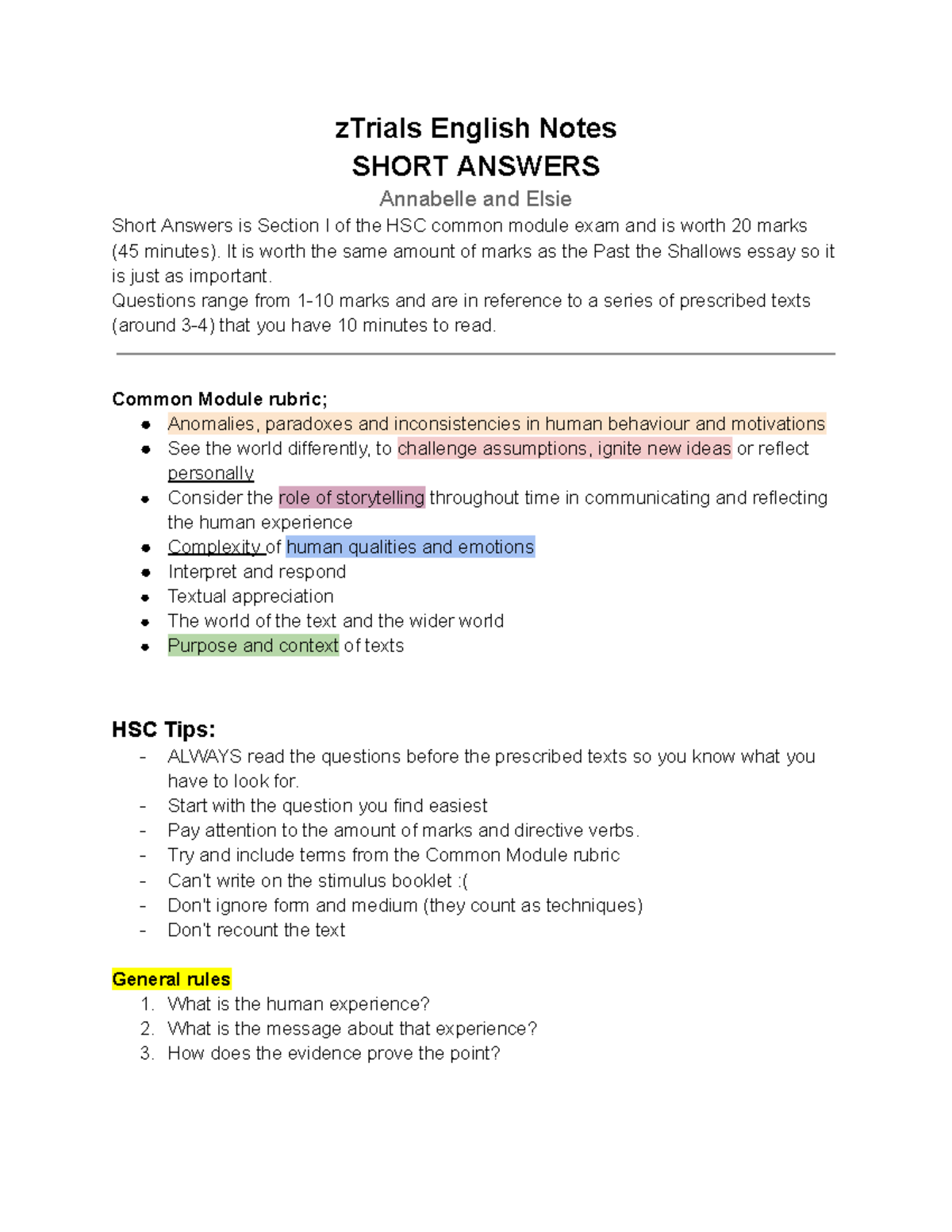 HSC English Common Module Short Answer Guide by Annabelle & Elsie - Studocu