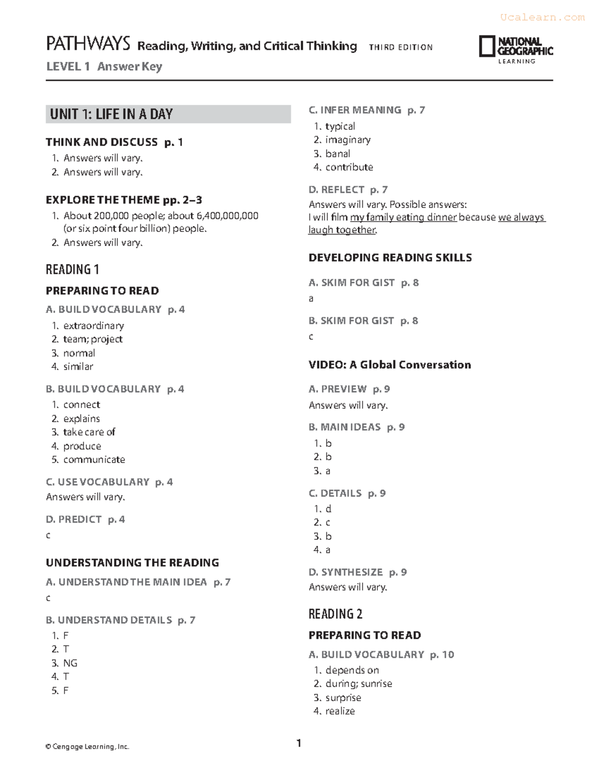 Pathways 3E Level 1 Reading & Writing Answer Key Overview - Studocu