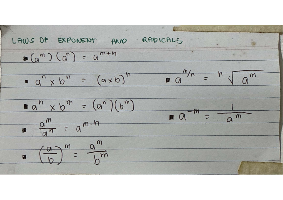 Laws of Exponent - notes - BSCE - LAWS OF EXPONENT AND RADICALS (aᵐ) (a ...