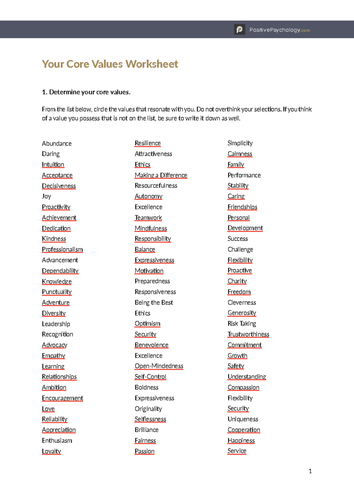 Core-Values-Worksheet - PositivePsychology 1 Your Core Values Worksheet ...