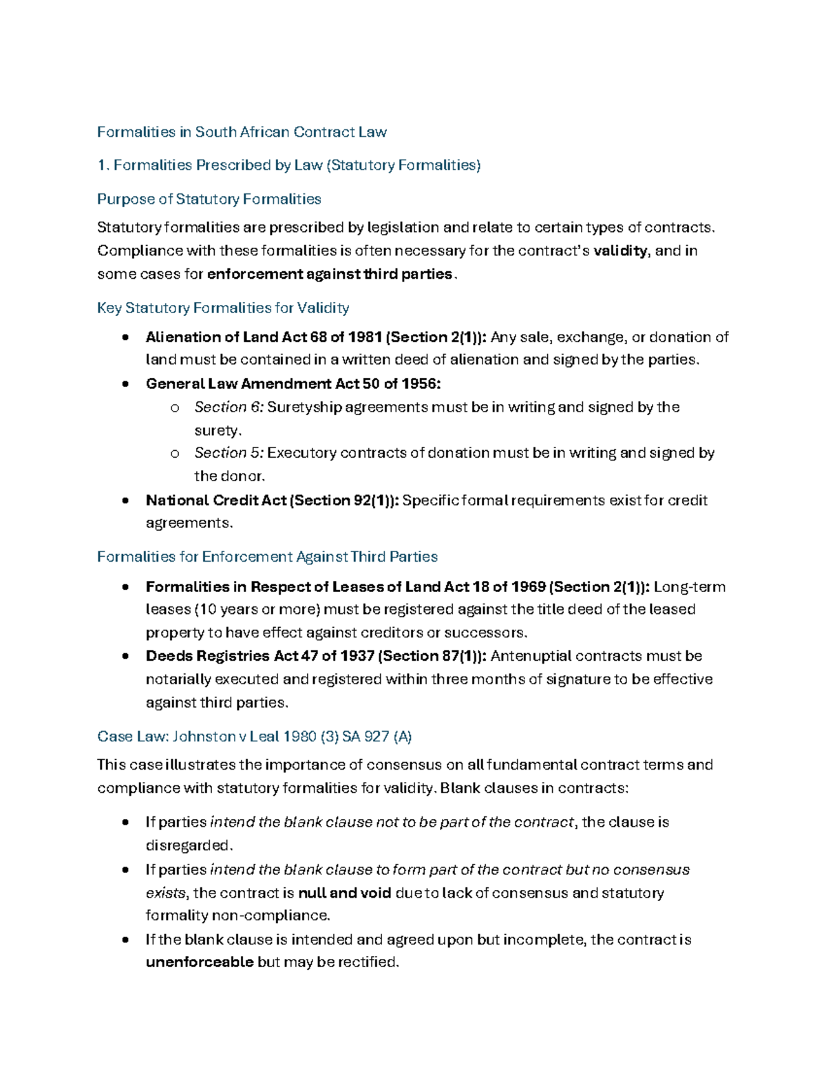 Formalities in South African Contract Law - Studocu