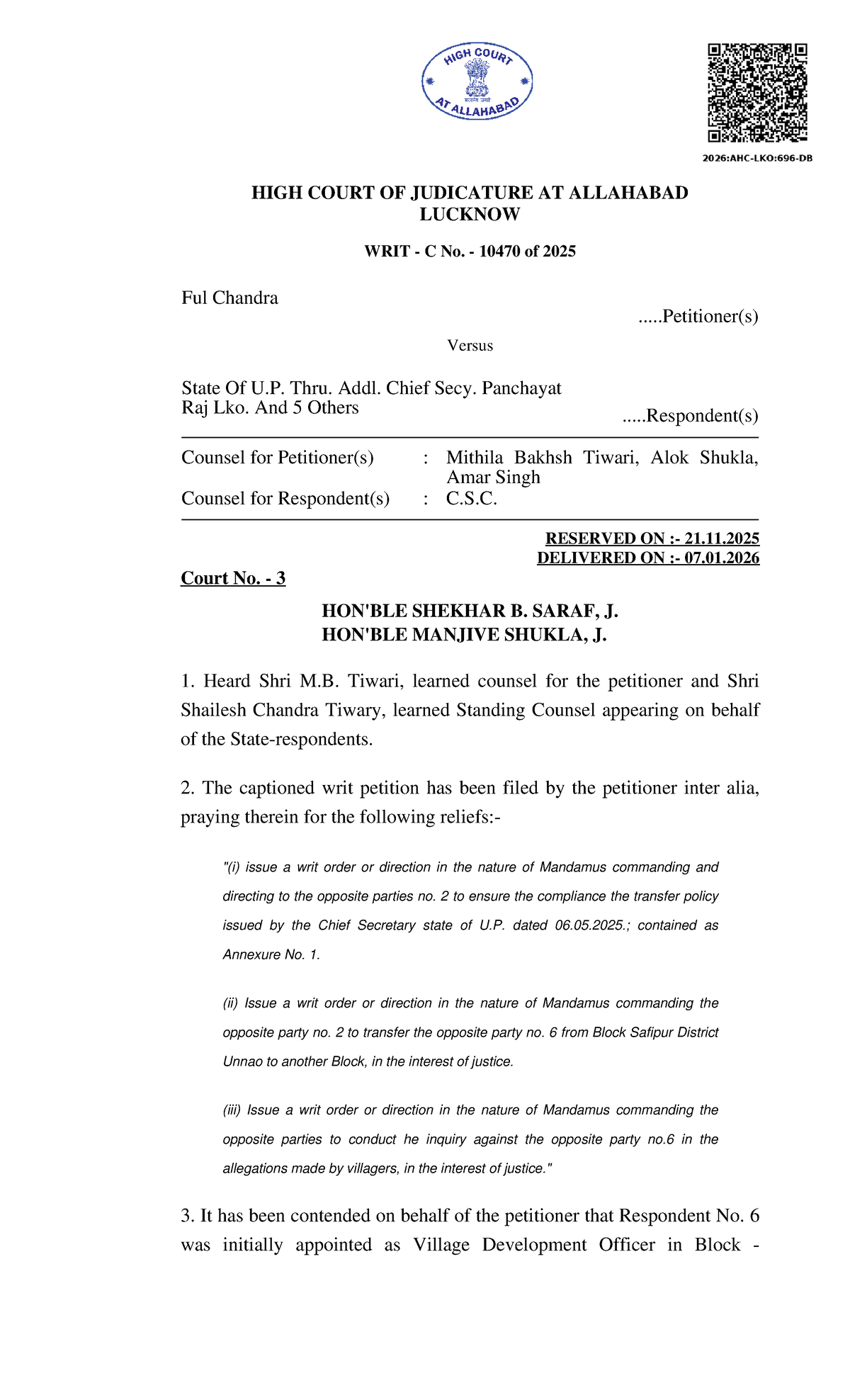 Writ C No. 10470 of 2025: Ful Chandra vs. State of U.P. - Transfer ...