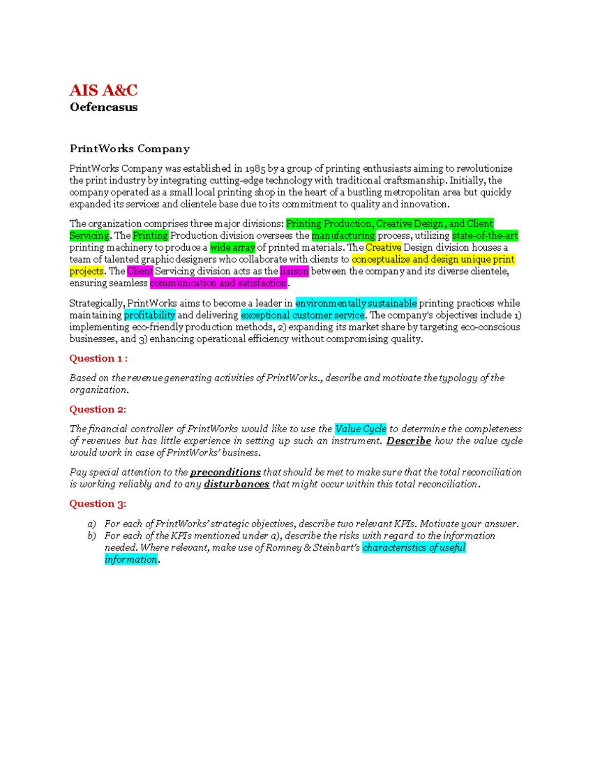 AIS Week 2 Case Study: PrintWorks Company Operations & Challenges ...