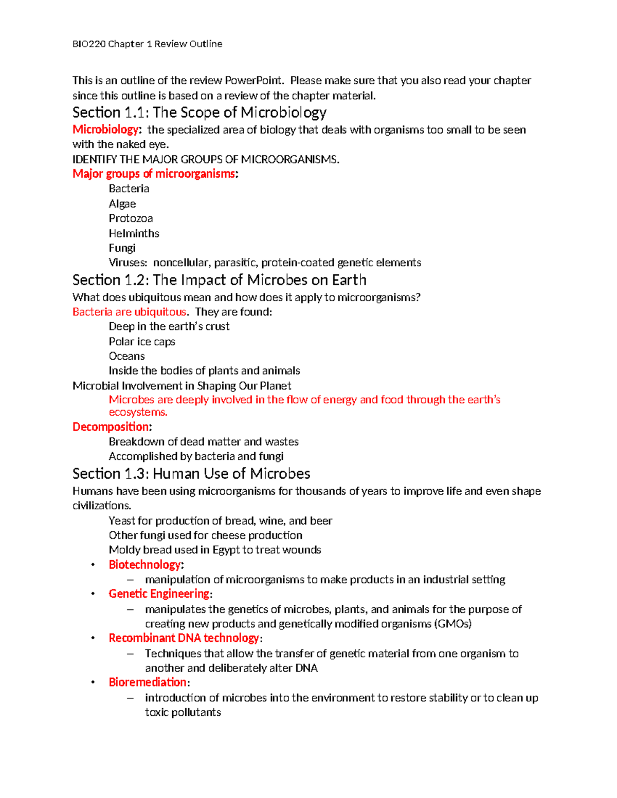 BIO220 Chapter 1 Microbiology Review Outline and Key Concepts - Studocu