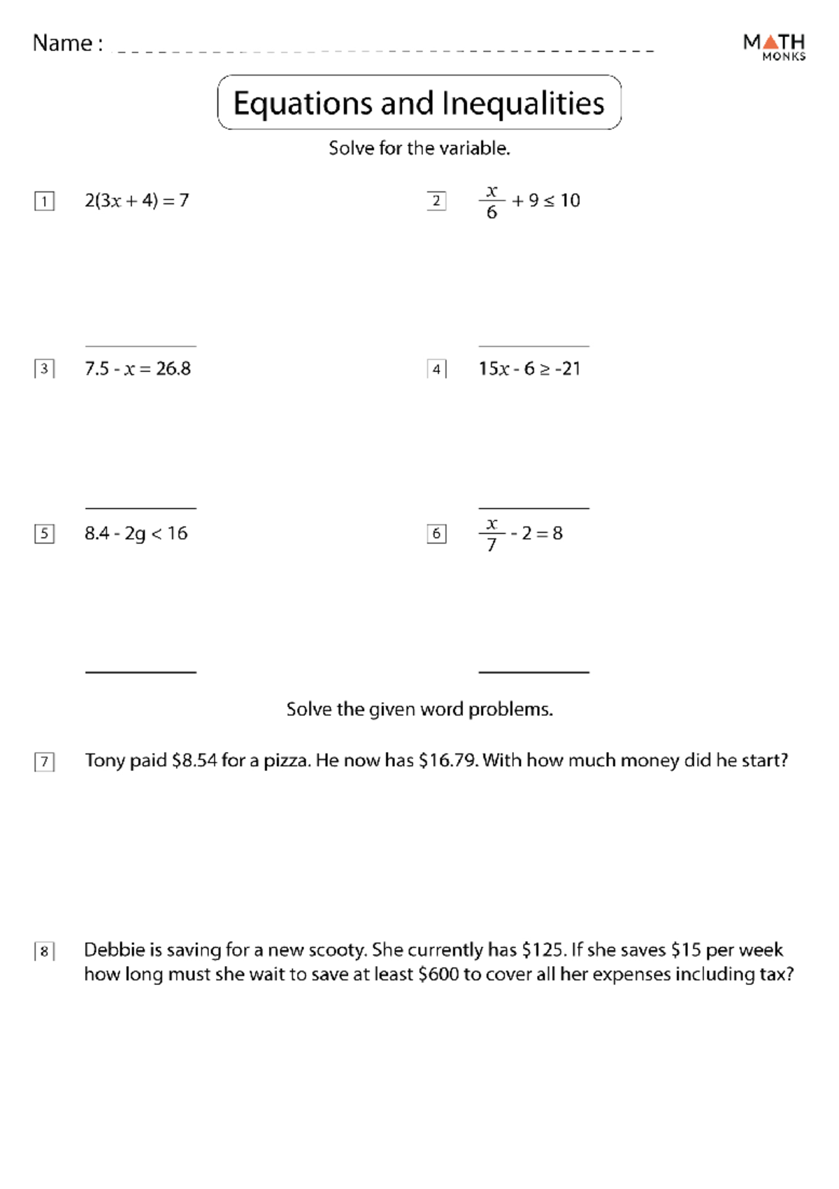 MATH MONKS: Equations & Inequalities Worksheet - Studocu