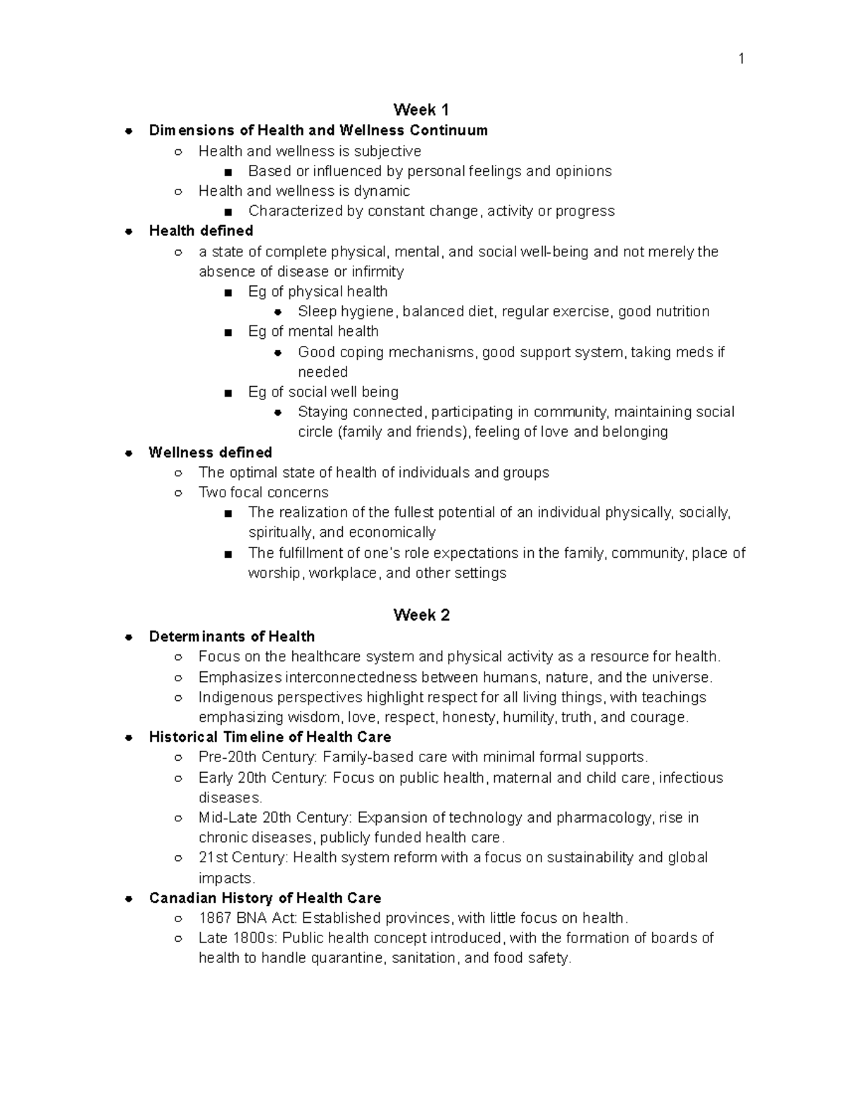 HSS Notes - Week 1 Dimensions of Health and Wellness Continuum Health ...