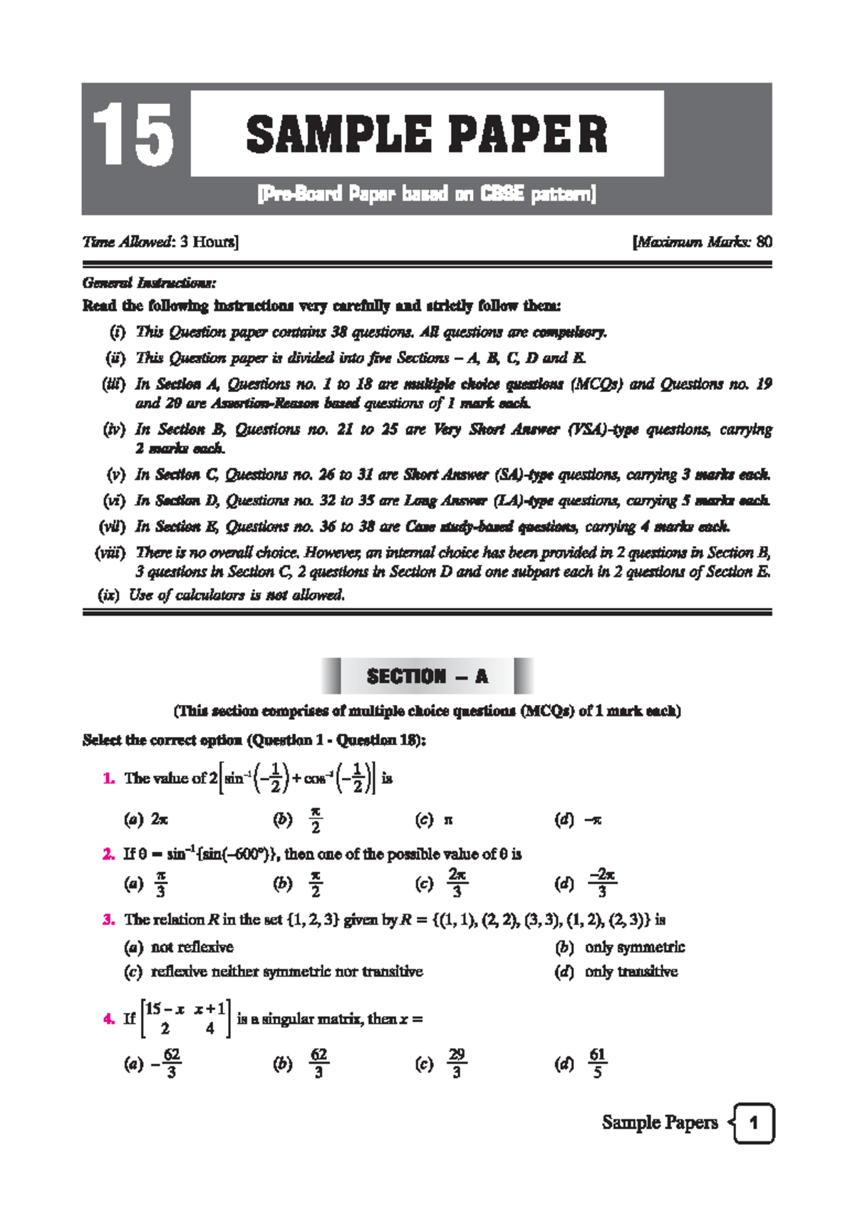 Cbse cl12 ead mathematics pre-board paper 15 2 - 15 SAMPLE PAPER Paper ...