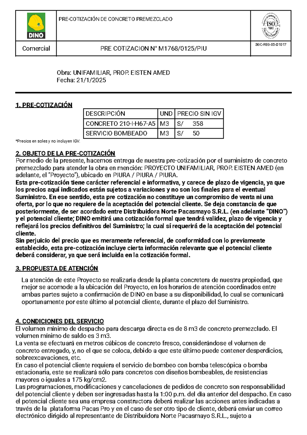 M1768 0125 PIU - Pre-Cotización de Concreto Premezclado para Proyecto ...