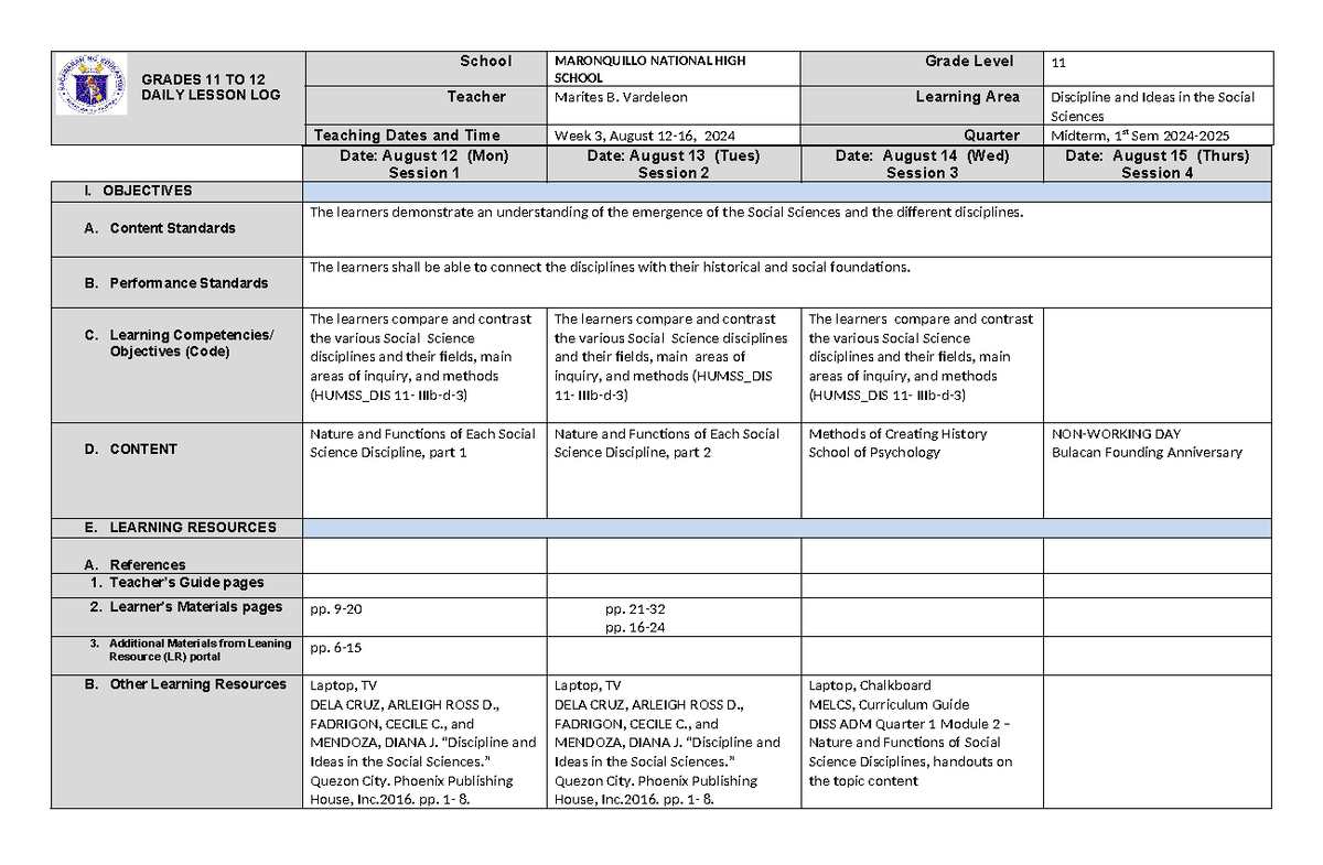 Daily Lesson Log: DISS - DLL-03 for Grade 11 (Aug 12-16, 2024) - Studocu