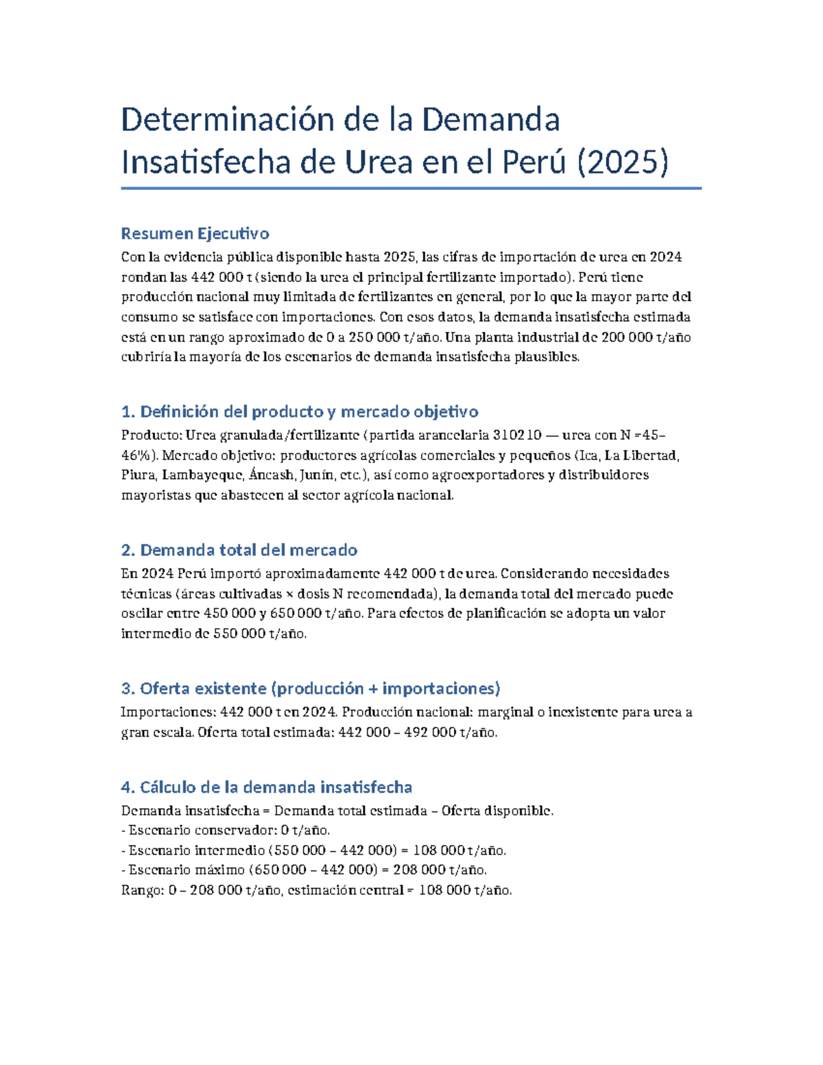Demanda Insatisfecha de Urea en Perú 2025 - Informe Ejecutivo - Studocu
