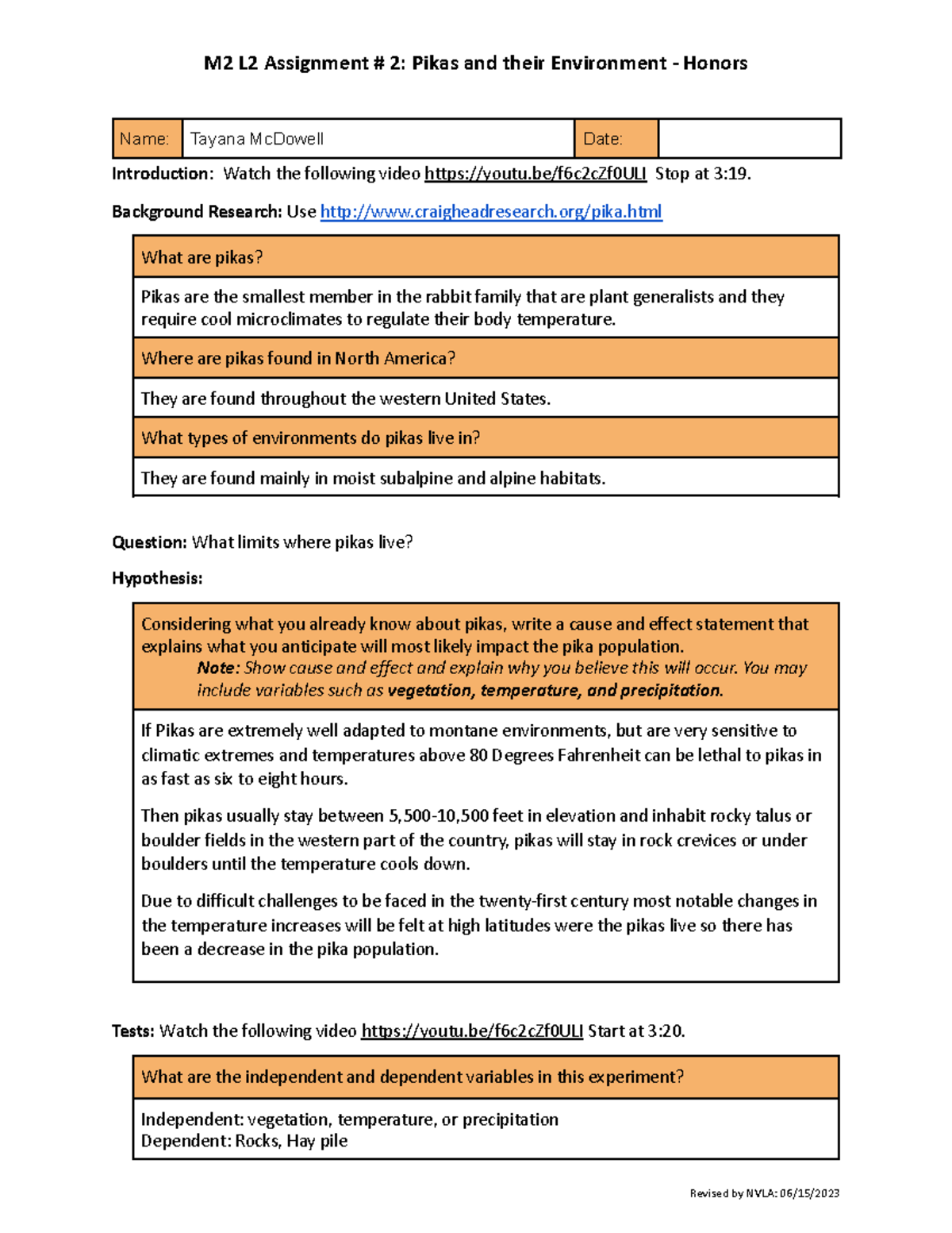 Copy of M2 L2 Assignment # 2 Pikas and Their Environment - Honors ...