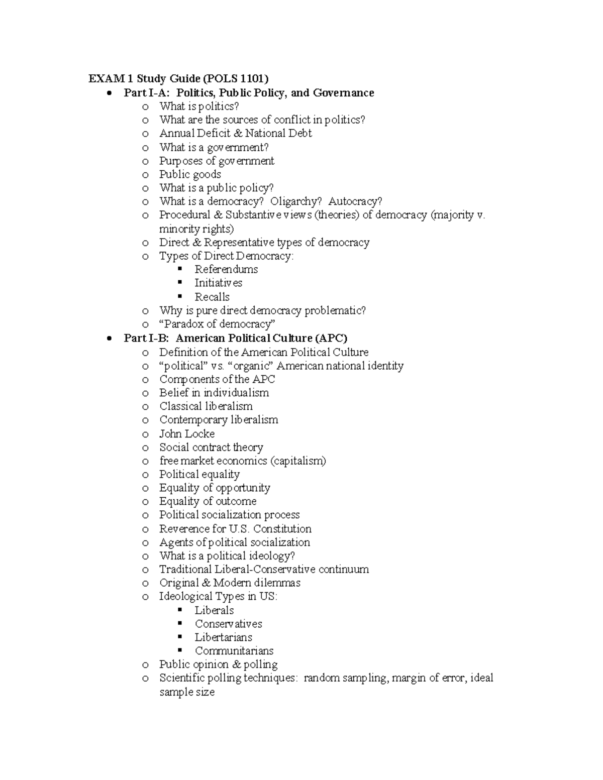 POLS 1101 Exam 1 Study Guide: Politics, Public Policy & Governance ...