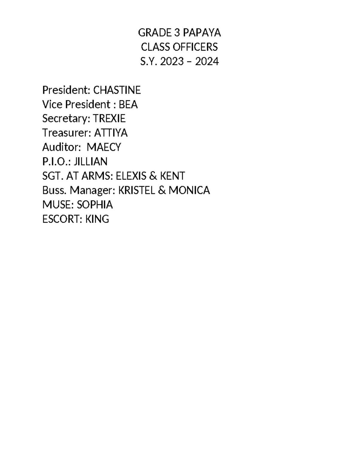 Class Officers - notes - Teacher - GRADE 3 PAPAYA CLASS OFFICERS S ...