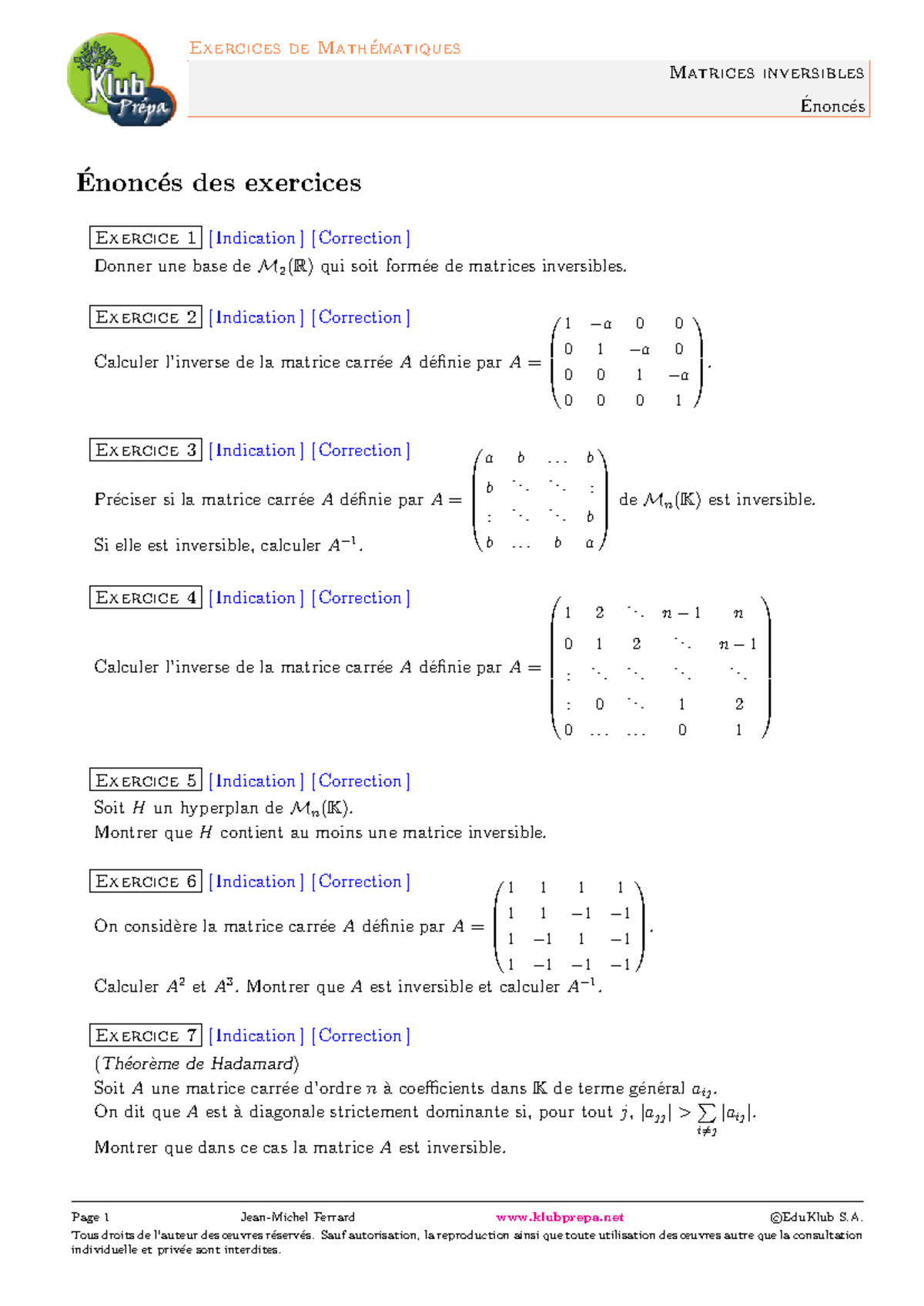 M EA MAT JMF 03 - Exercices sur les Matrices Inversibles - Studocu