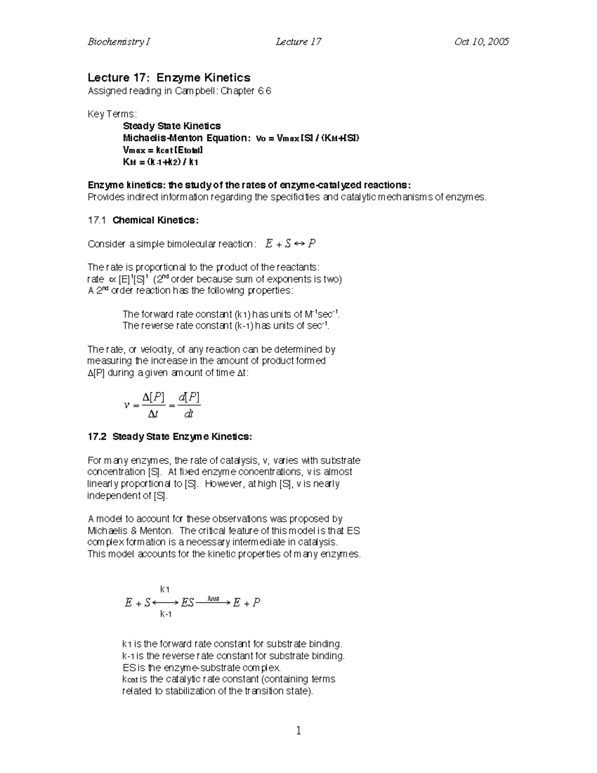 Biochemistry I Lecture 17 Enzyme Kinetics Overview And Practice