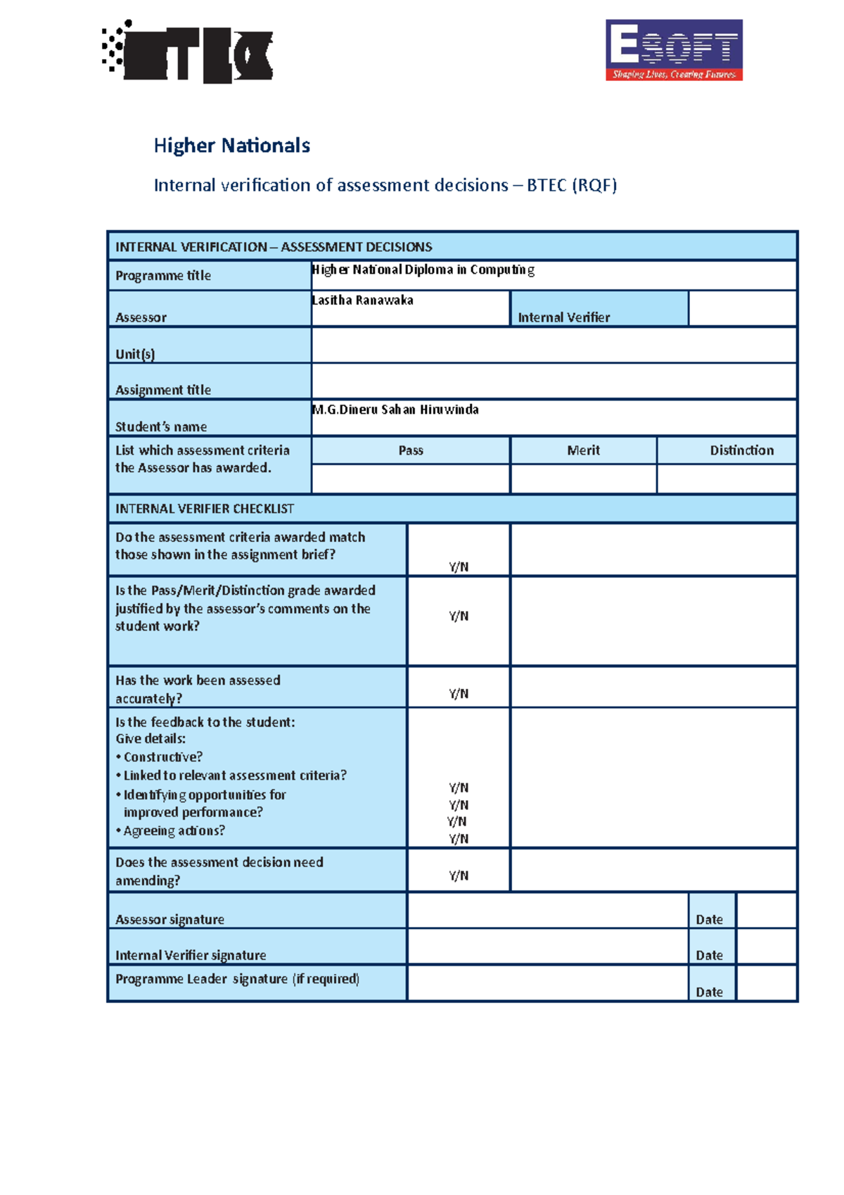 E163365 Programming Assignment Higher Nationals Internal Verification