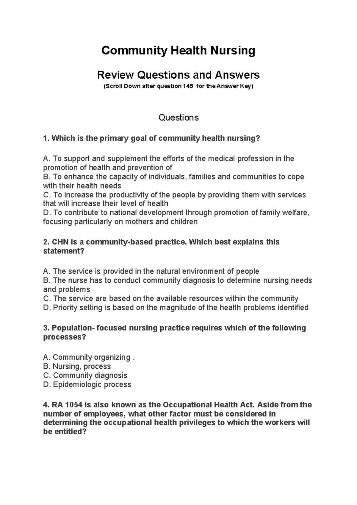 Community Health Nursing Review Q&A Guide for CHN 101 - Studocu