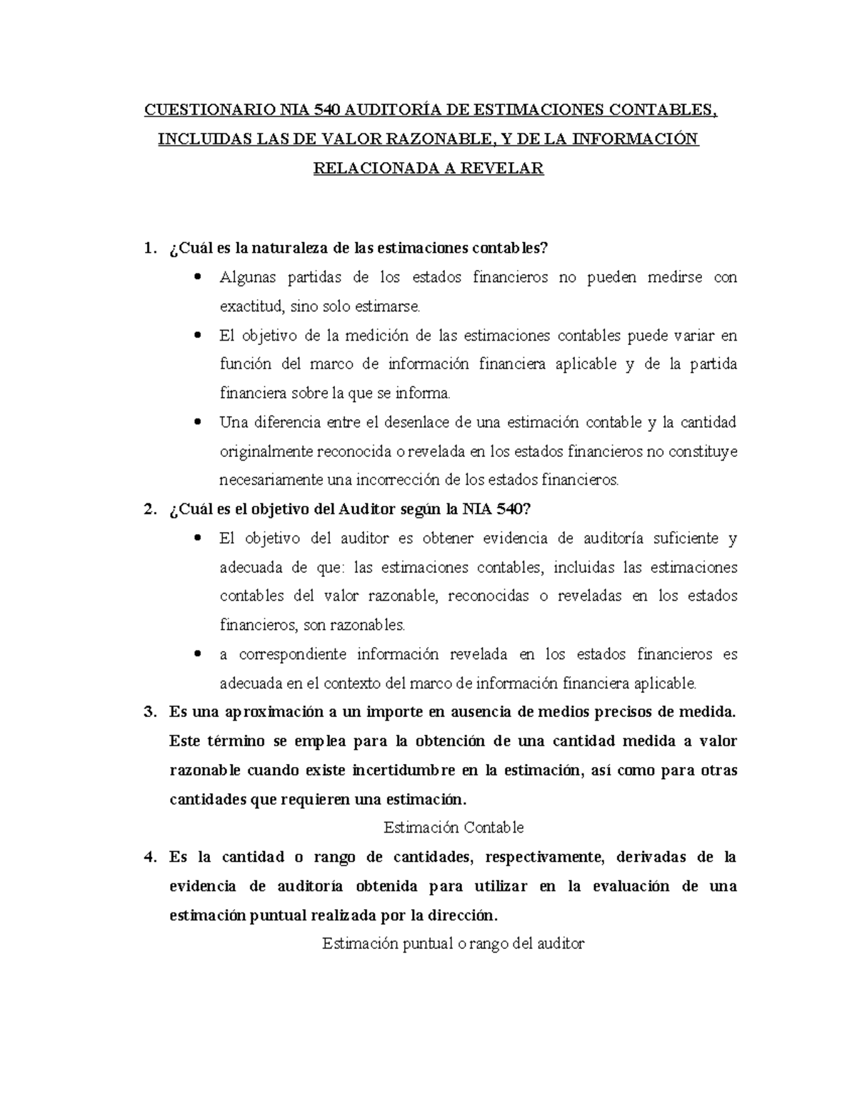 Cuestionario NIA 540: Auditoría de Estimaciones Contables y Riesgos ...