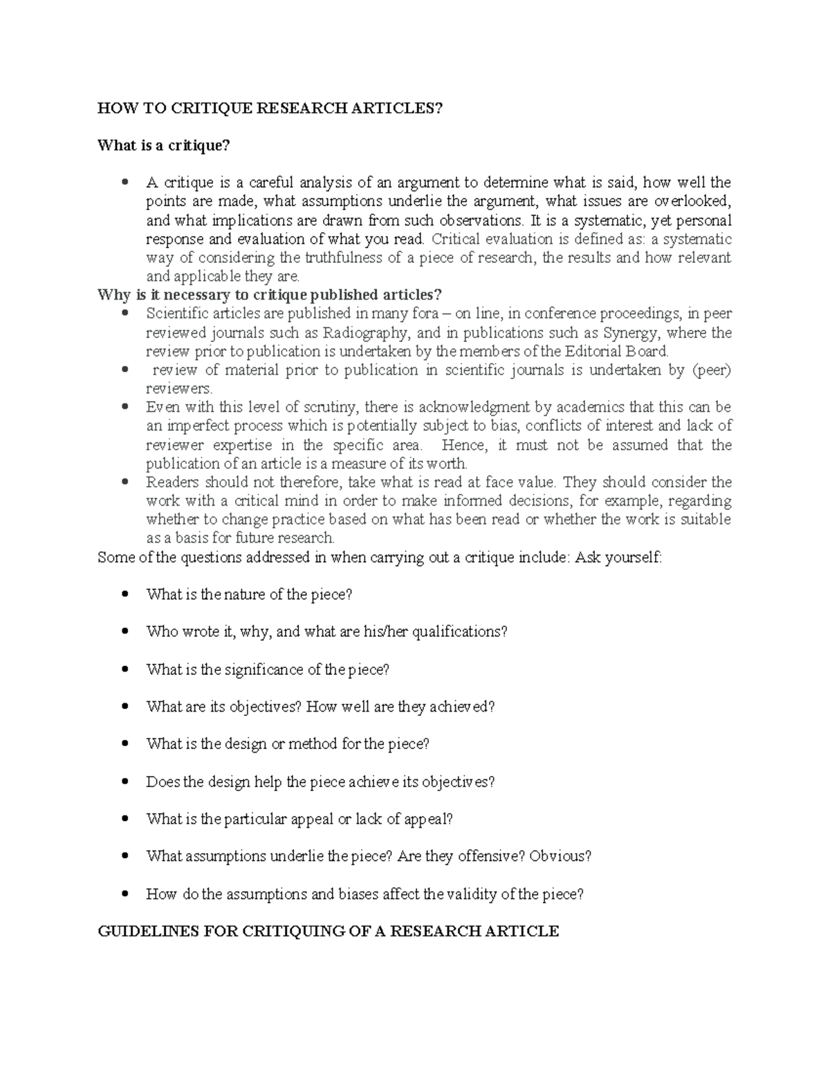 HOW TO Critique Research Articles notes - HOW TO CRITIQUE RESEARCH ...