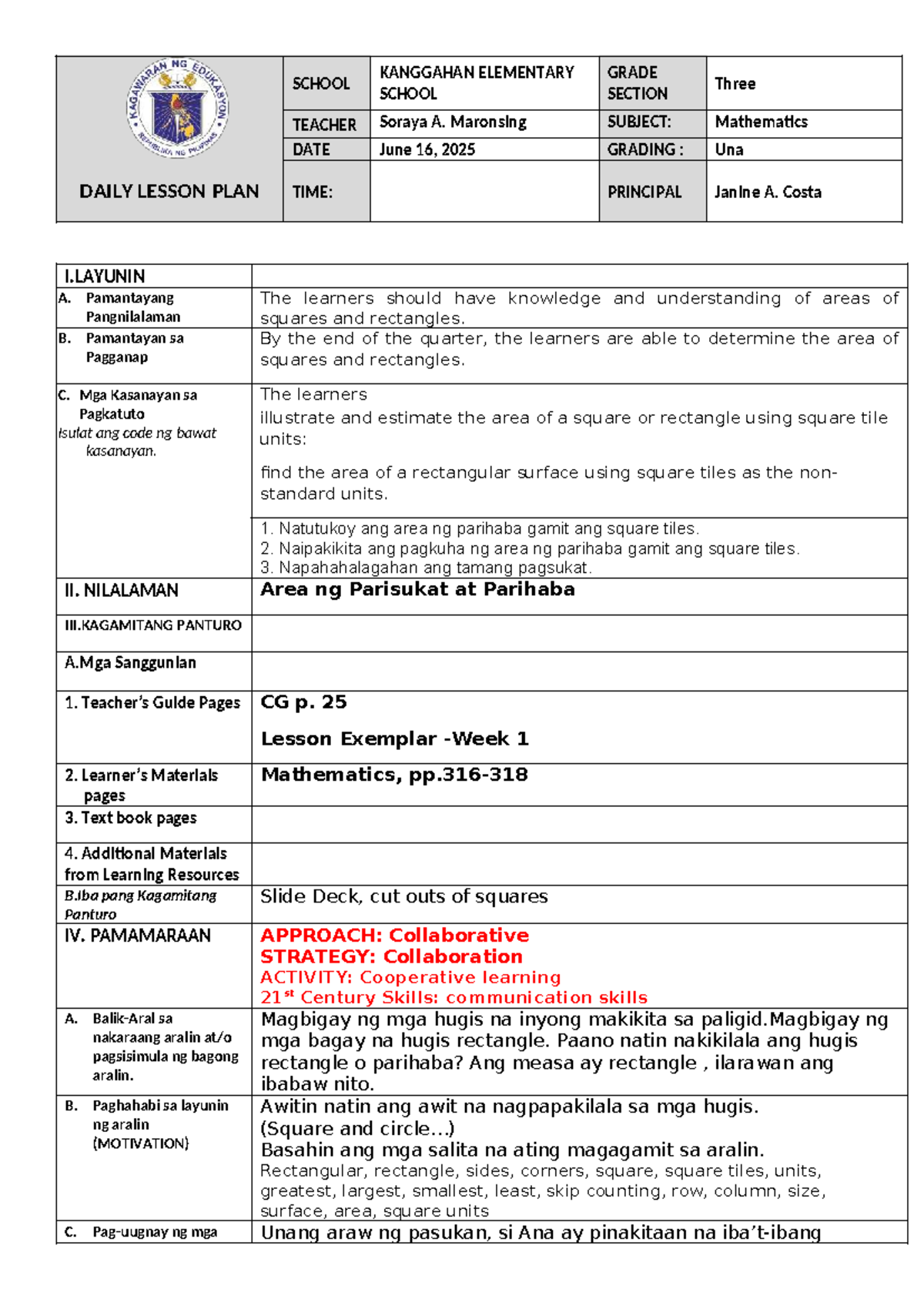 DLP: Daily Lesson Plan for Mathematics - Area of Squares & Rectangles ...