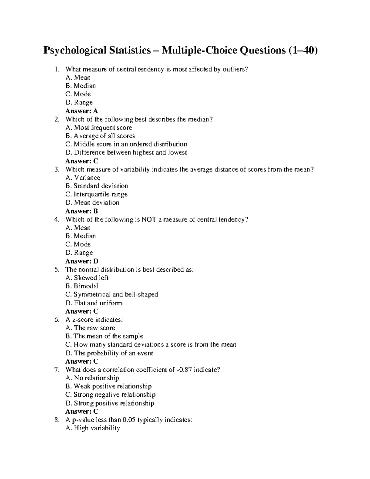 Psychological Statistics Quiz Questions and Answers (PSY 101) - Studocu