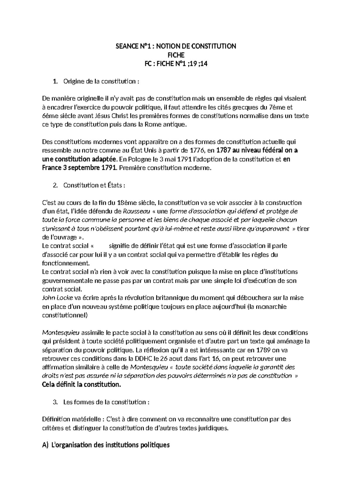 Seance 1 - fiche de révision séance 1 droit constit - SEANCE N°1 ...