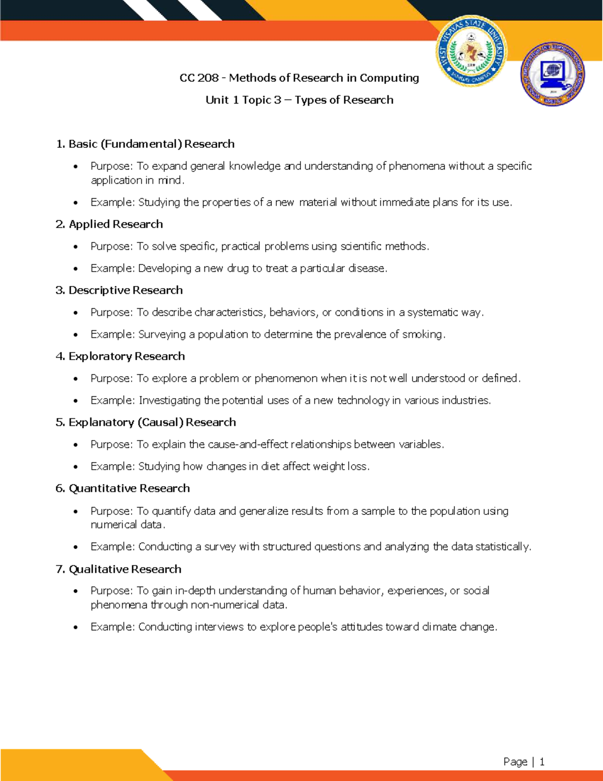 CC 208 Methods of Research in Computing: Unit 1 Topic 3 Overview - Studocu