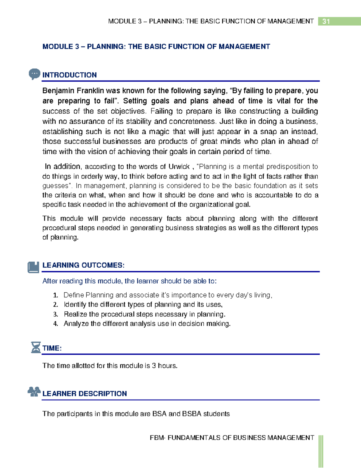 Module 3 Planning - Business Management - MODULE 3 – PLANNING: THE ...