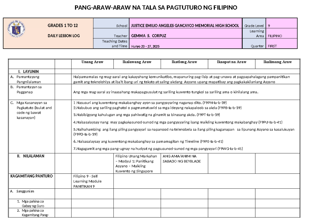 DLL-Q1-ANG AMA: Daily Lesson Log for Filipino 9 (2025) - Studocu