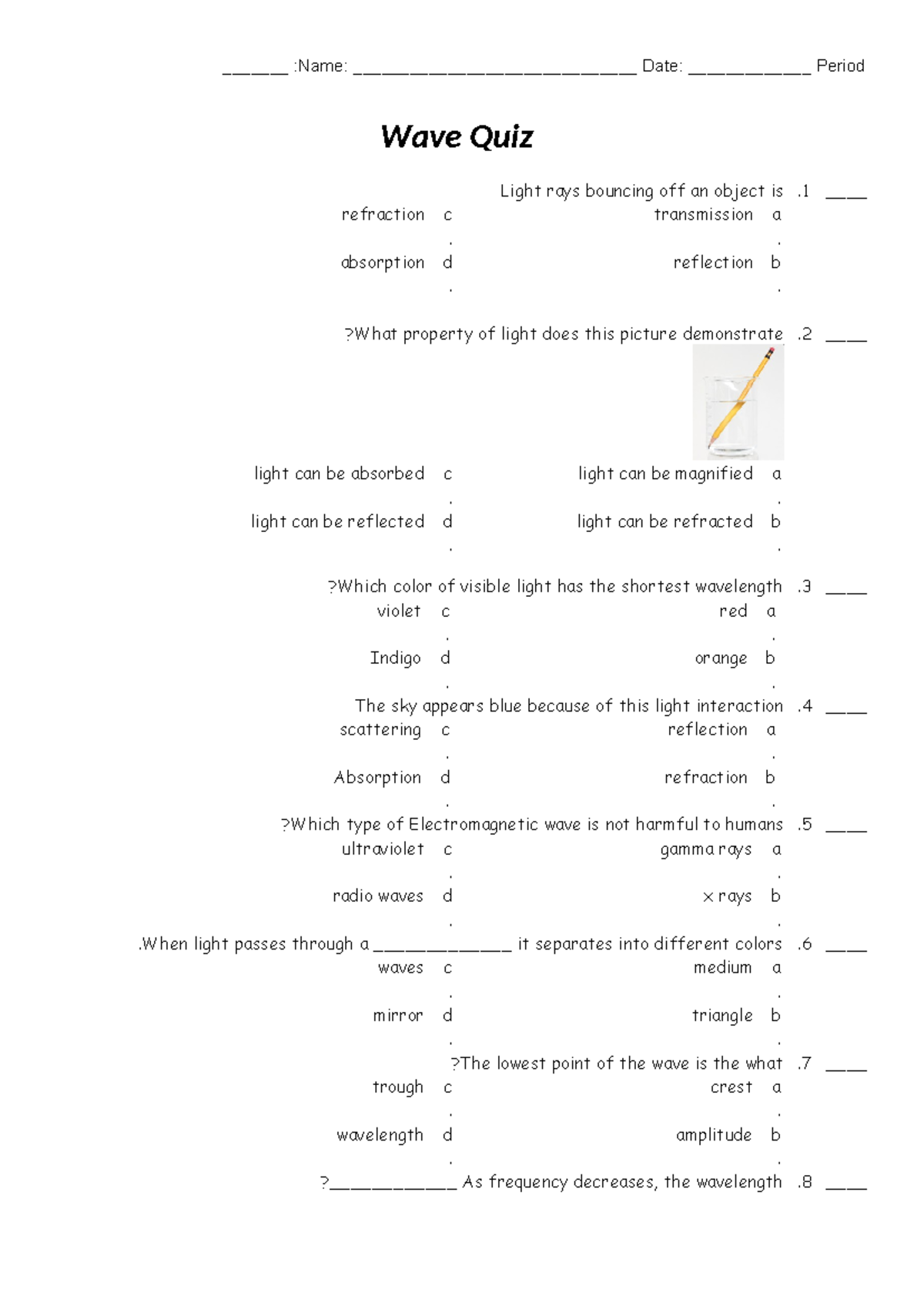 Light worksheet - _______ :Name: ______________________________ Date ...