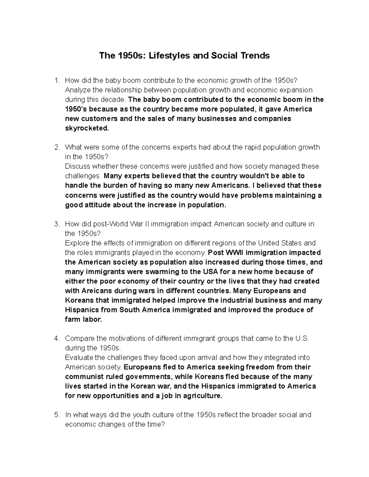 Analysis Questions on the 1950s Lifestyles and Social Trends - Studocu