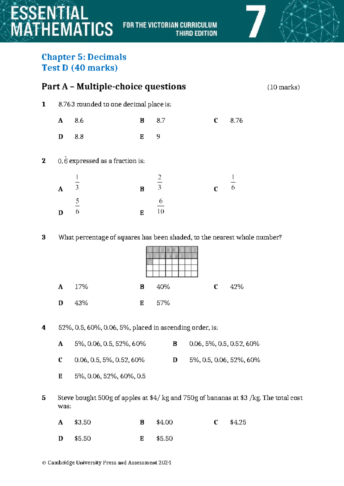 Chapter Test 05D: Decimals Practice Questions and Solutions - Studocu